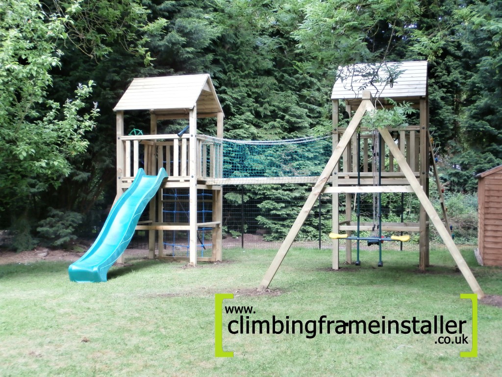 NI Double Tower Climbing Frame with Wooden Swing Beam - Climbing Frame ...